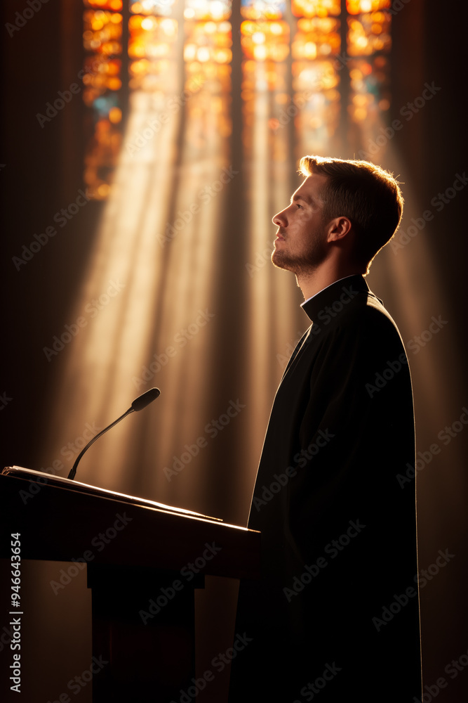 Priest giving a sermon at the pulpit sunlight streaming through stained ...