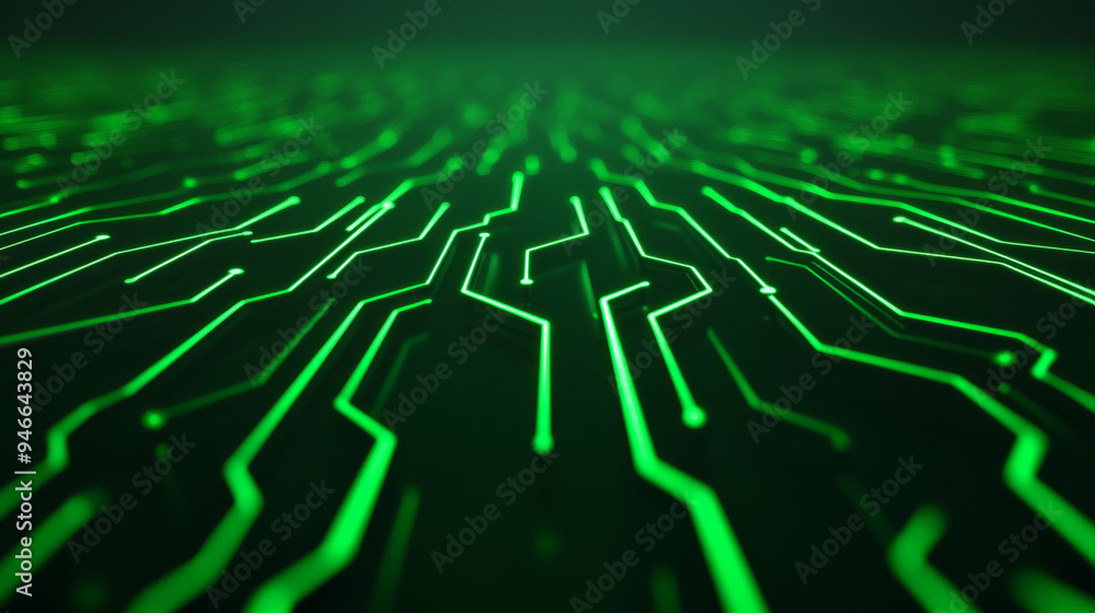 Pulsing electric circuit lines in neon green on a gradient background ...