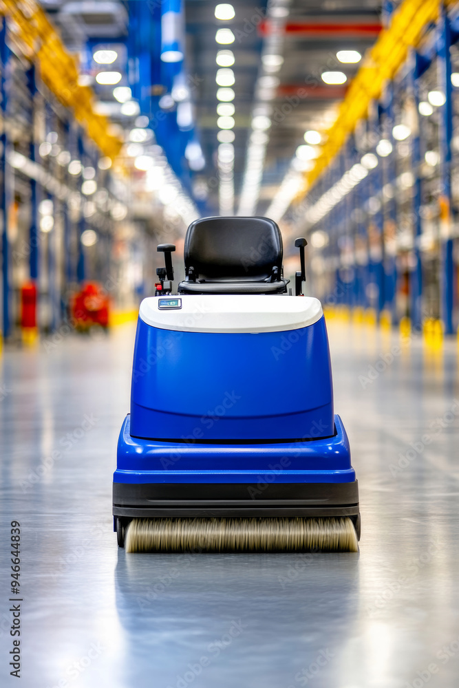 Rugged walk-behind industrial floor scrubber with tough wheels, blue ...
