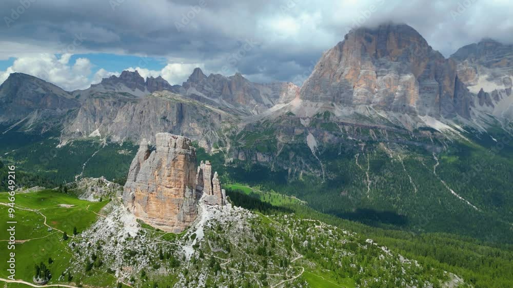 An aerial view of the incredible Cinque Torri mountains in the ...
