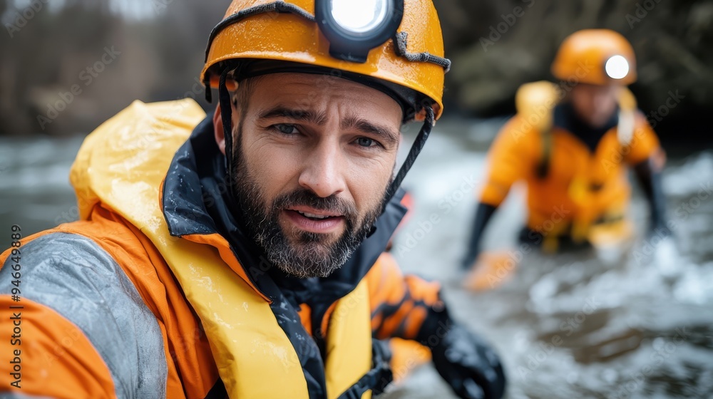 A rescue worker in full gear looks serious and attentive as he ...