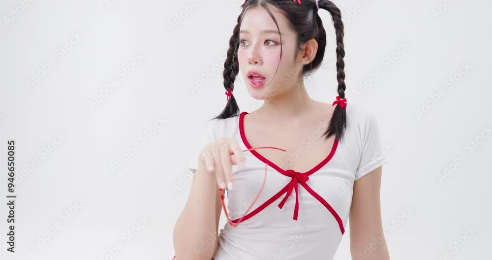 Portrait Fashion Of Young Asian Beauty Woman Model Pigtail Hairstyle