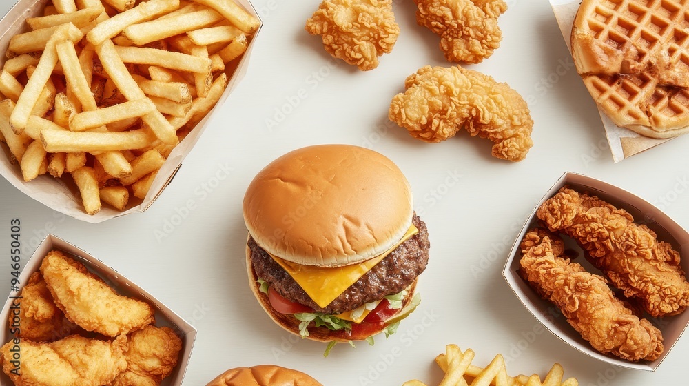 Tasty fast food spread includes a double cheeseburger, fried chicken ...