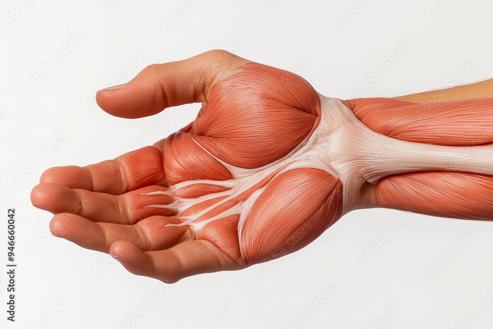 A close-up anatomical illustration of a human hand, showcasing the ...