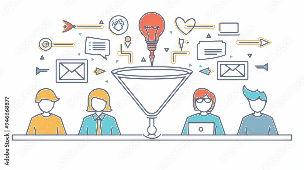 A line art illustration of four people brainstorming, with a funnel ...