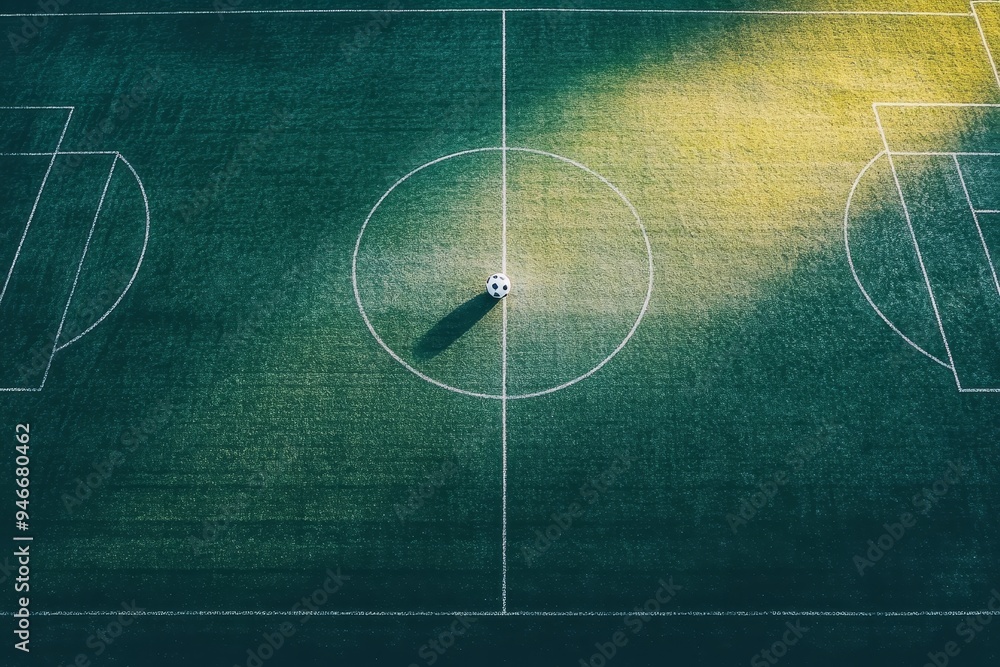 An aerial view of a soccer field with a single soccer ball placed in ...