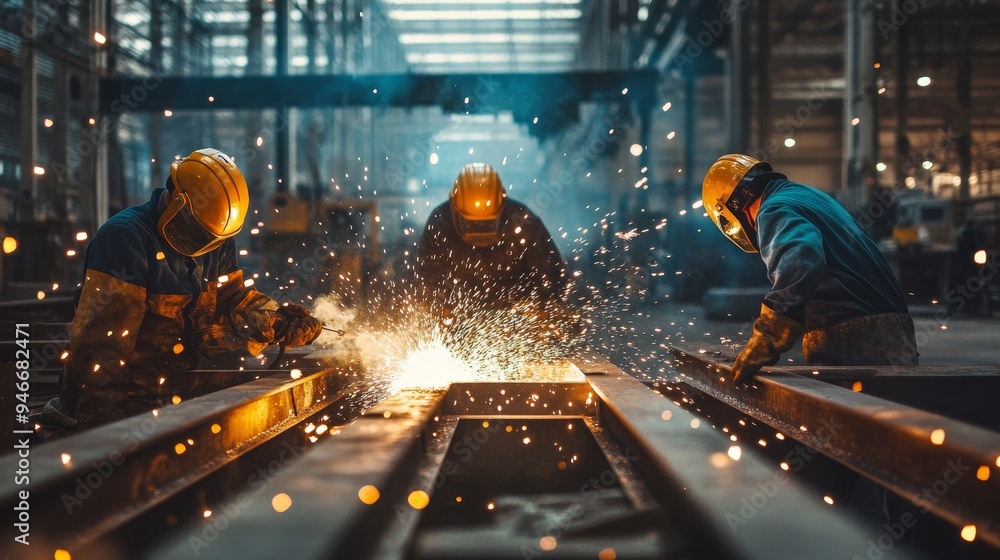 Three welders in hard hats work together on a metal fabrication project ...