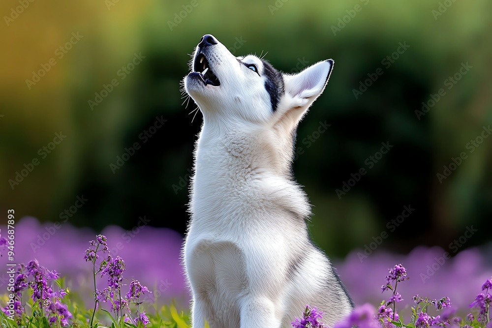 Funny Siberian Husky howling like a wolf, depicted in an artwork where ...