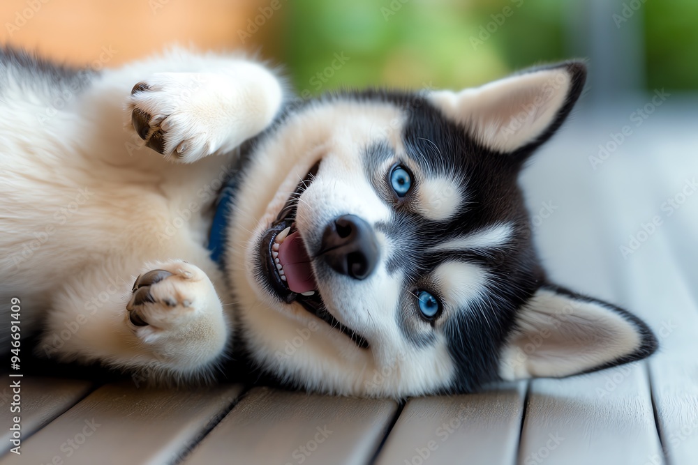 Funny Siberian Husky lying on its back, captured in a photo where the ...
