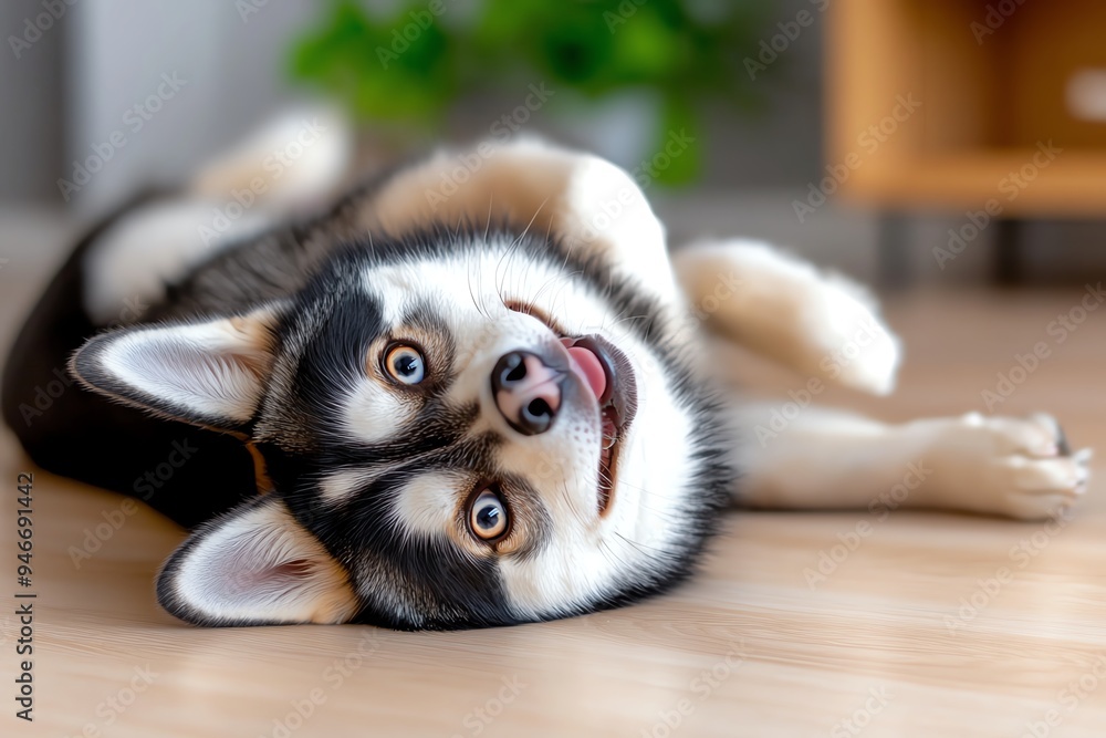 Funny Siberian Husky lying on its back, captured in a photo where the ...