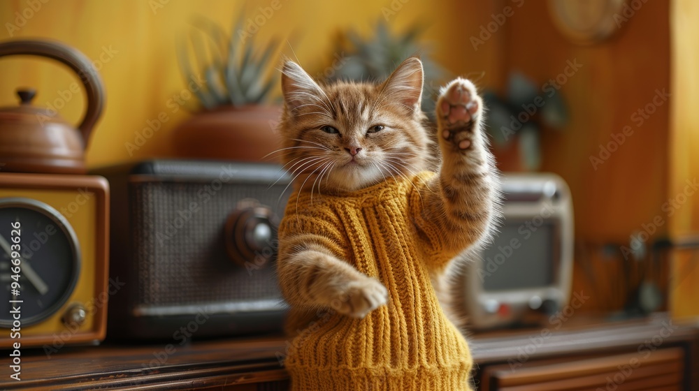 Playful orange tabby cat wearing a cozy yellow sweater raises its paw ...
