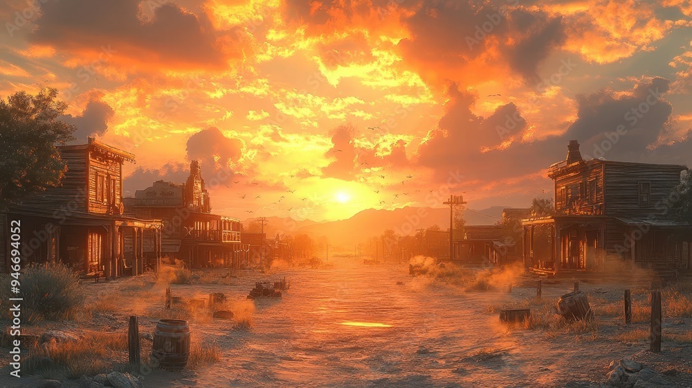 dusty main street of wild west town wooden buildings with swinging ...
