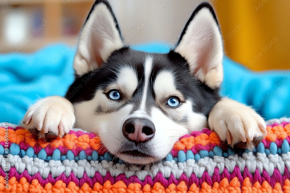Funny Siberian Husky making a mischievous face, captured in a photo where the dog looks like itâ ...