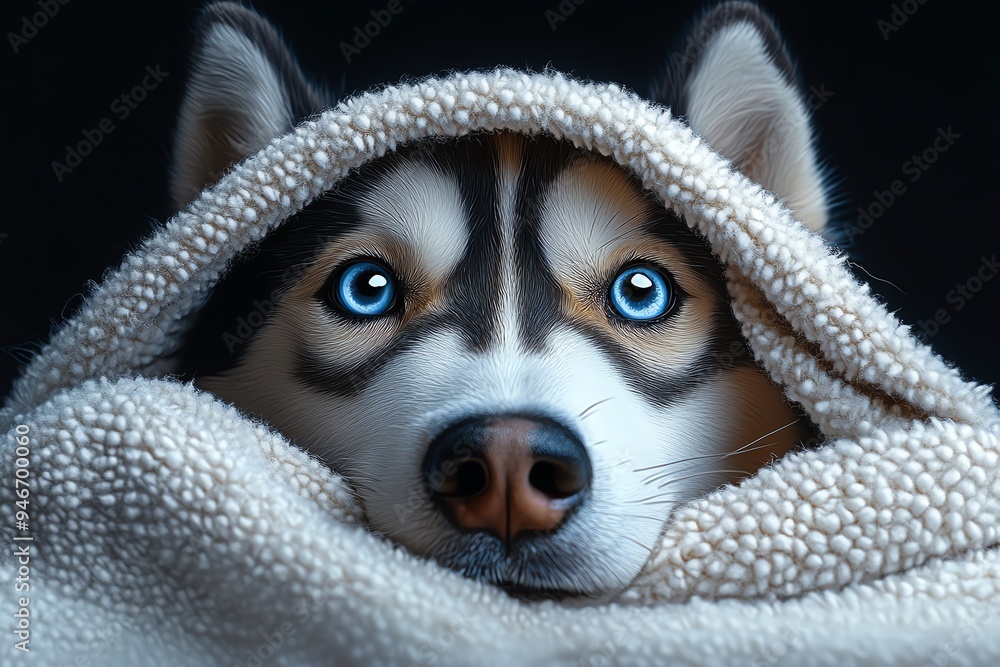 Funny Siberian Husky peeking out from under a blanket, depicted in an ...