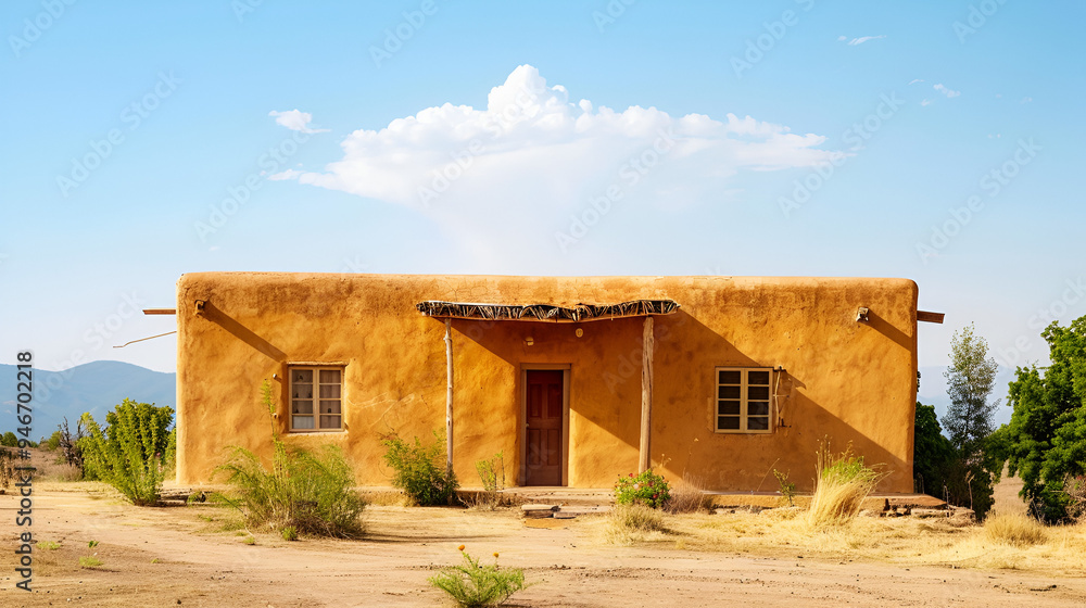 Adobe house, single-story house made of sun-dried clay bricks, with ...