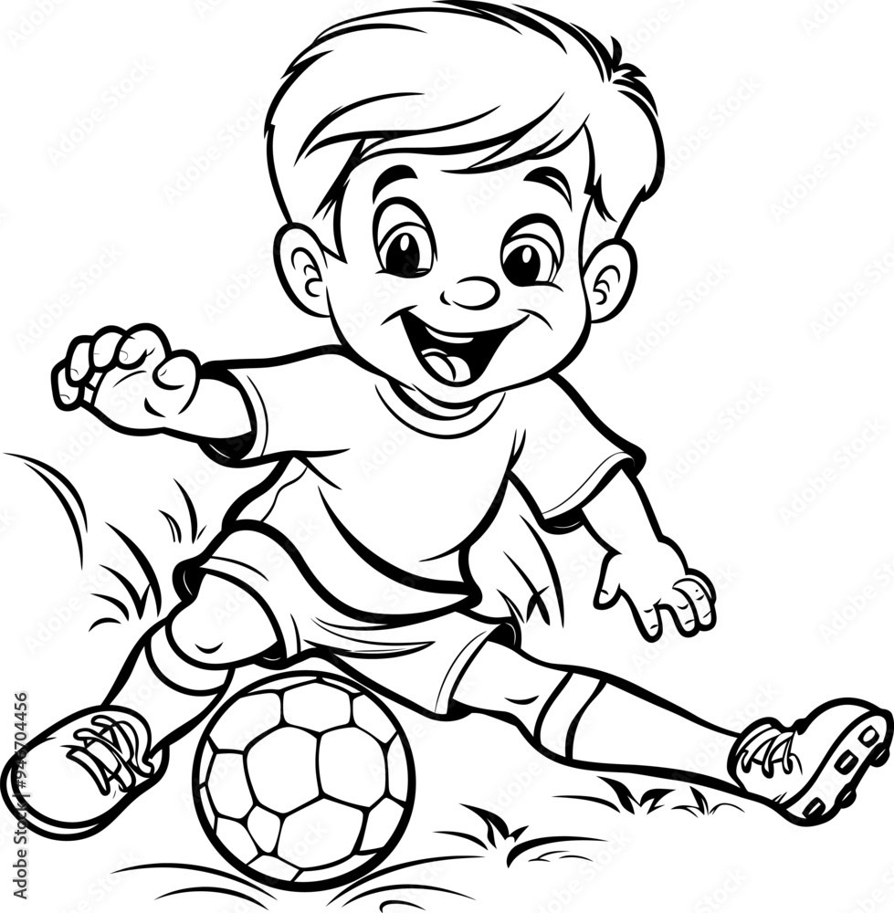 Coloring page for kids, a cute boy playing football with field, in a ...
