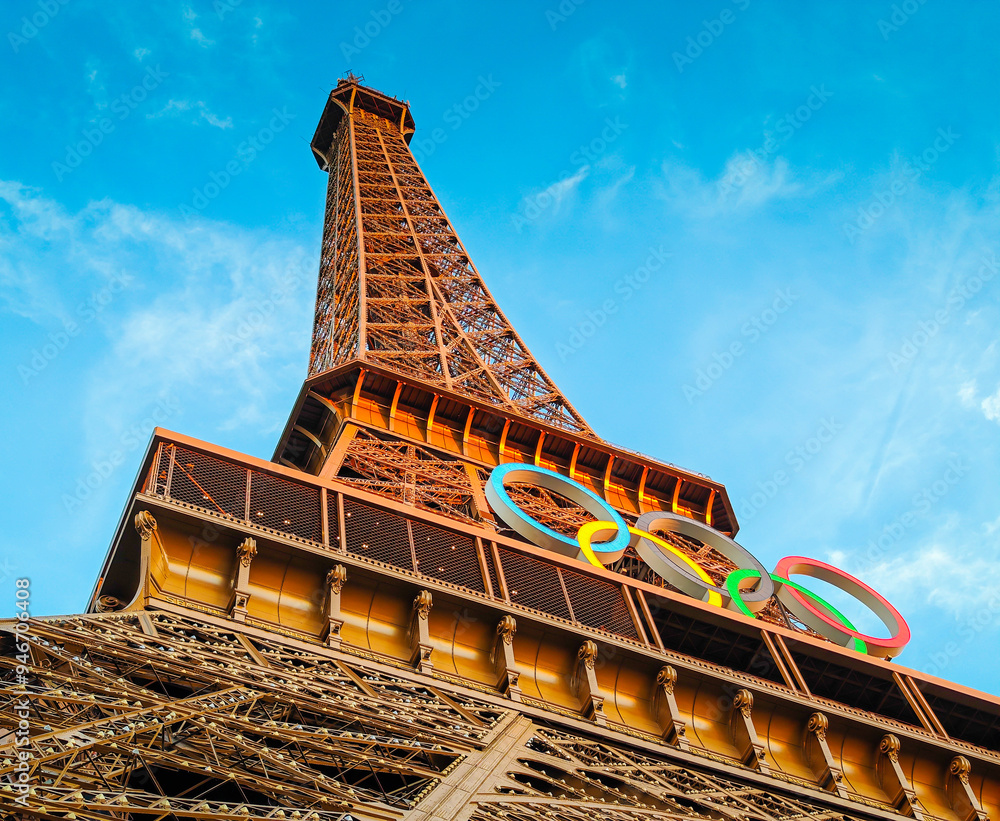 08 28 2024 - Paris, France. Olympic rings mounted on Eiffel tower for ...
