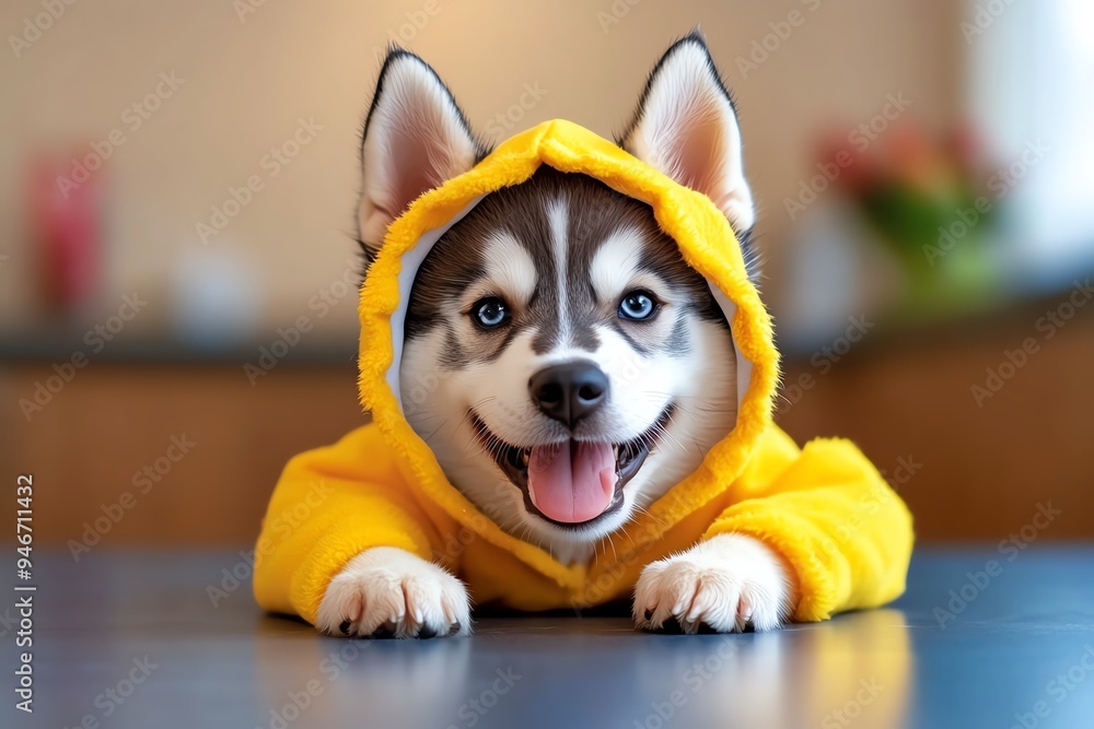 Funny Siberian Husky wearing a costume and striking a pose, captured in ...