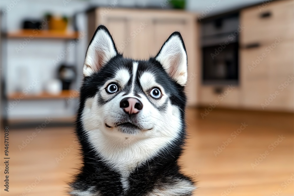 Funny Siberian Husky with a raised eyebrow, captured in a close-up ...
