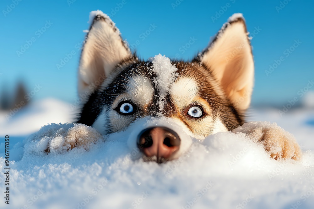 Funny Siberian Husky with a snow-covered face, depicted in an artwork ...