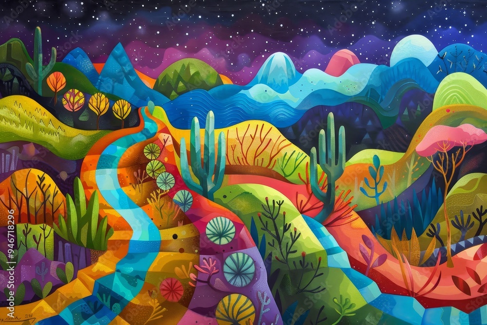 Depict a dreamlike landscape that pays homage to the natural wonders of ...