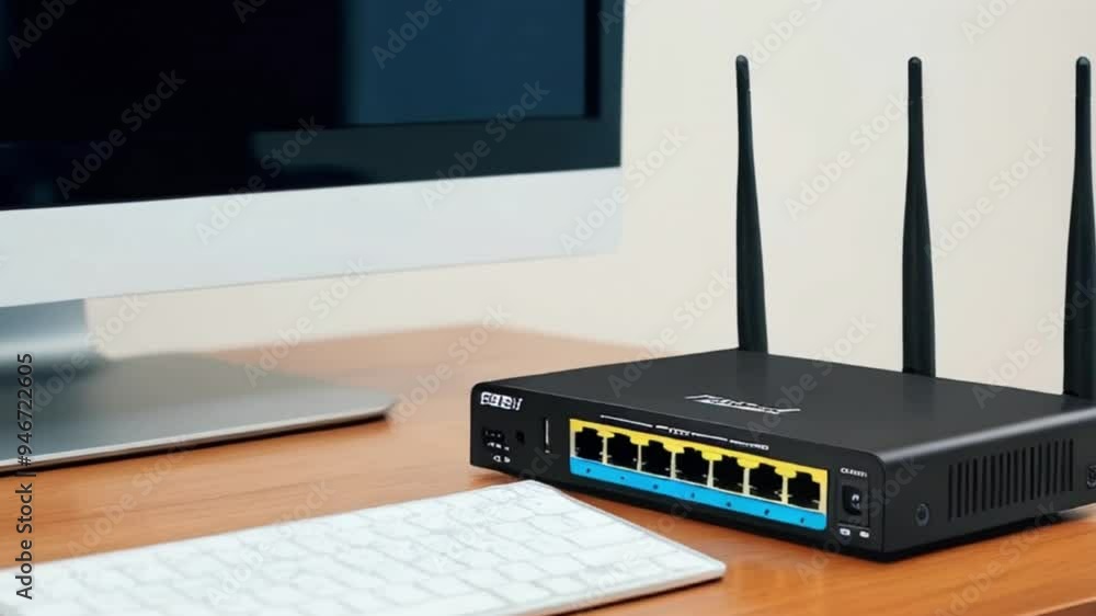 Wi-Fi internet network connection modem router on the table near the ...