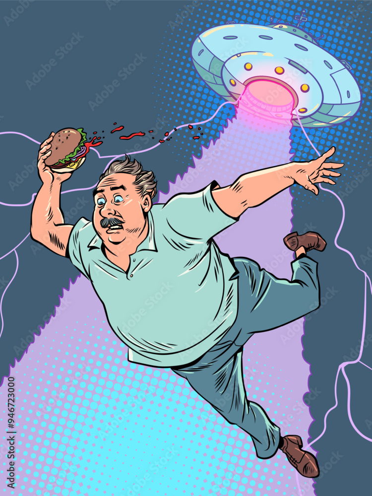 Pop Art Retro An ordinary man with a burger is kidnapped by aliens ...
