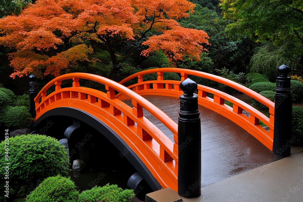 Japanese vermillion bridge in a traditional garden, captured in a photo ...