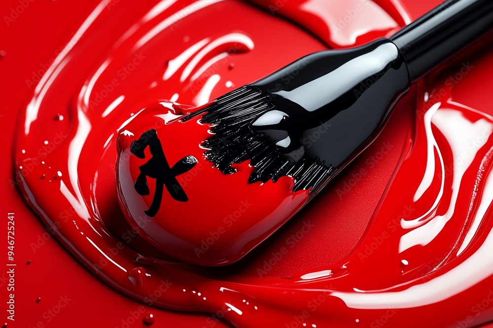 Japanese vermillion calligraphy brush strokes, captured in a photo that ...