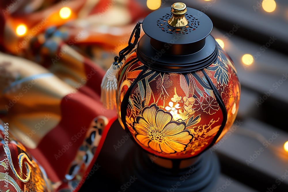 Japanese vermillion kimono with intricate patterns, captured in a photo ...