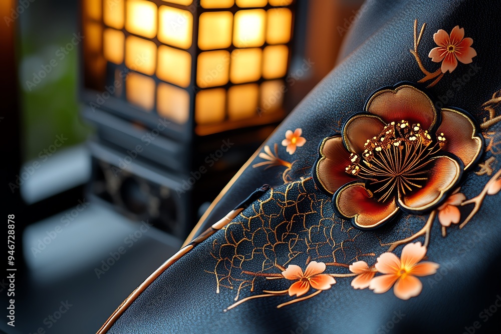 Japanese vermillion kimono with intricate patterns, captured in a photo ...