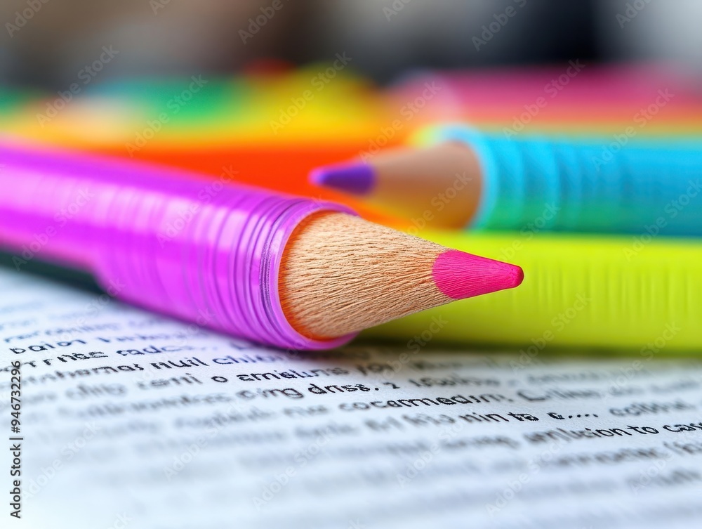 Highlighter with chisel tip marking important notes in a textbook Stock ...