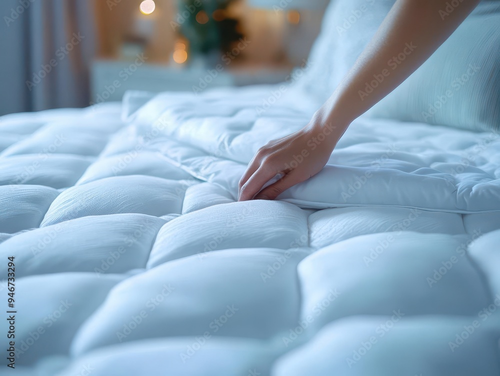 Mattress protector with cover being placed on a bed, with a focus on ...