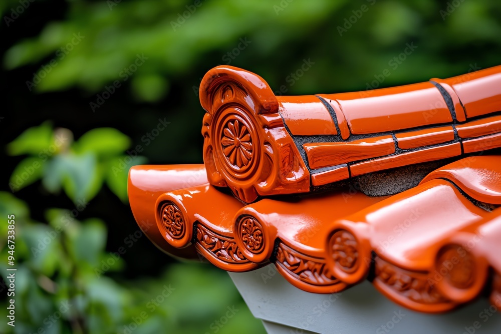 Japanese vermillion pagoda roof tiles, captured in a close-up photo ...