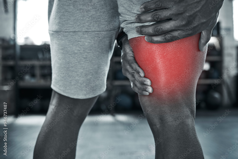 Foto de Hands, athlete and thigh pain from fitness injury with overlay ...
