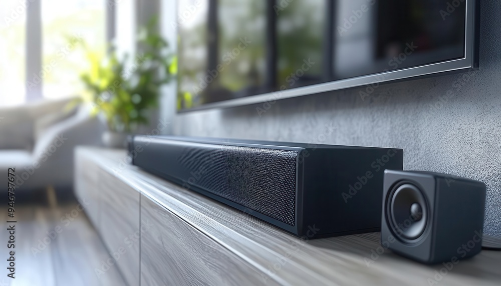 Soundbar with subwoofer set up under a TV, enhancing the audio ...