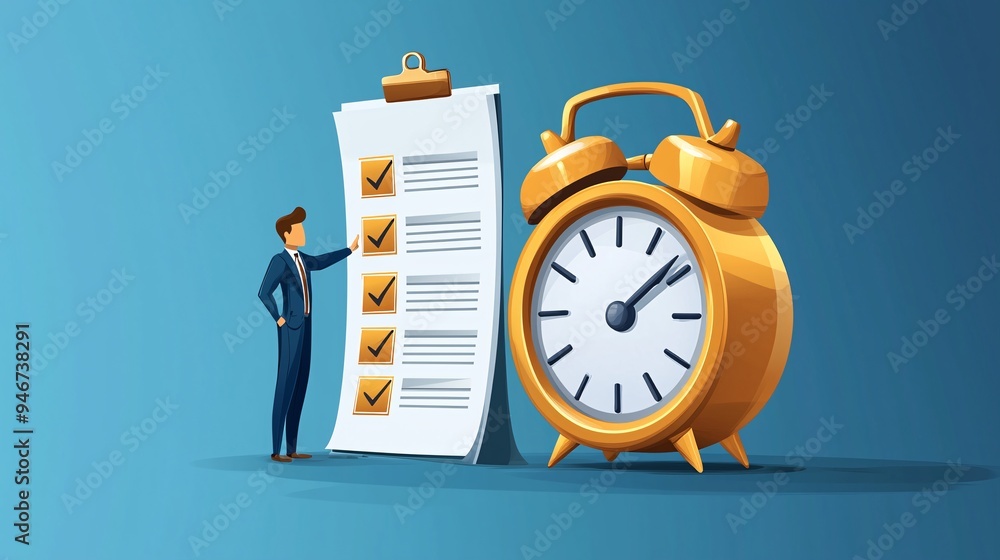 Businessman Checking Off Tasks on a To-Do List with a Gold Alarm Clock ...