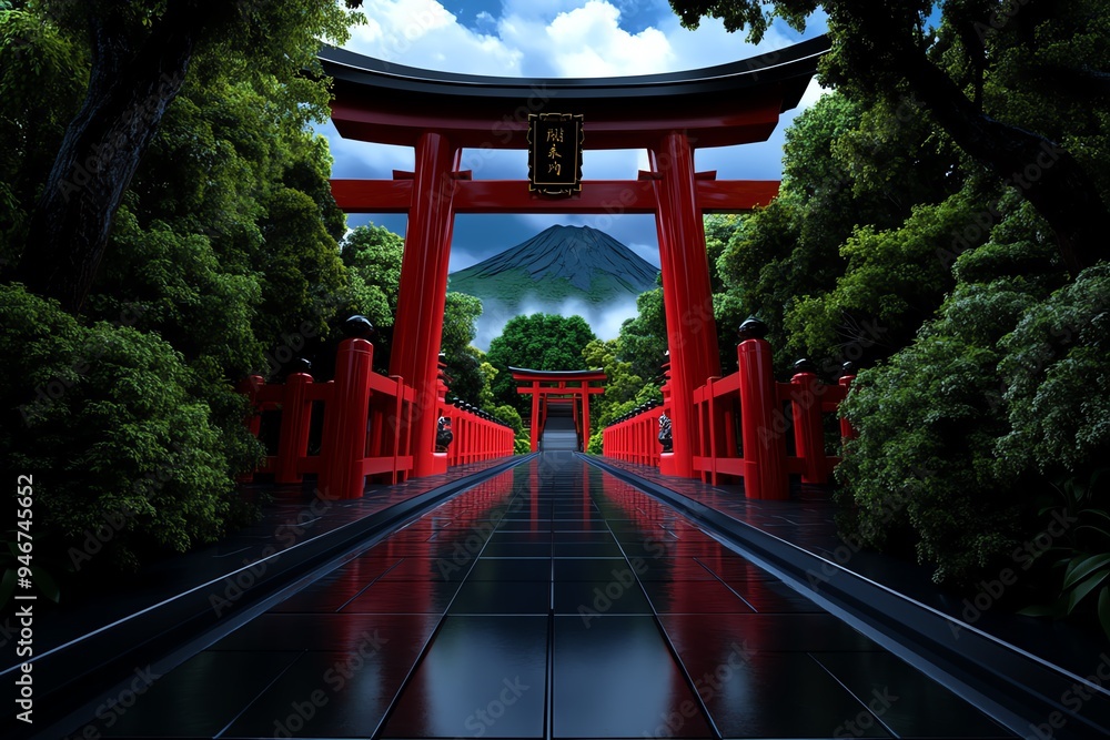Japanese vermillion shrine gates leading into a mist-covered mountain ...