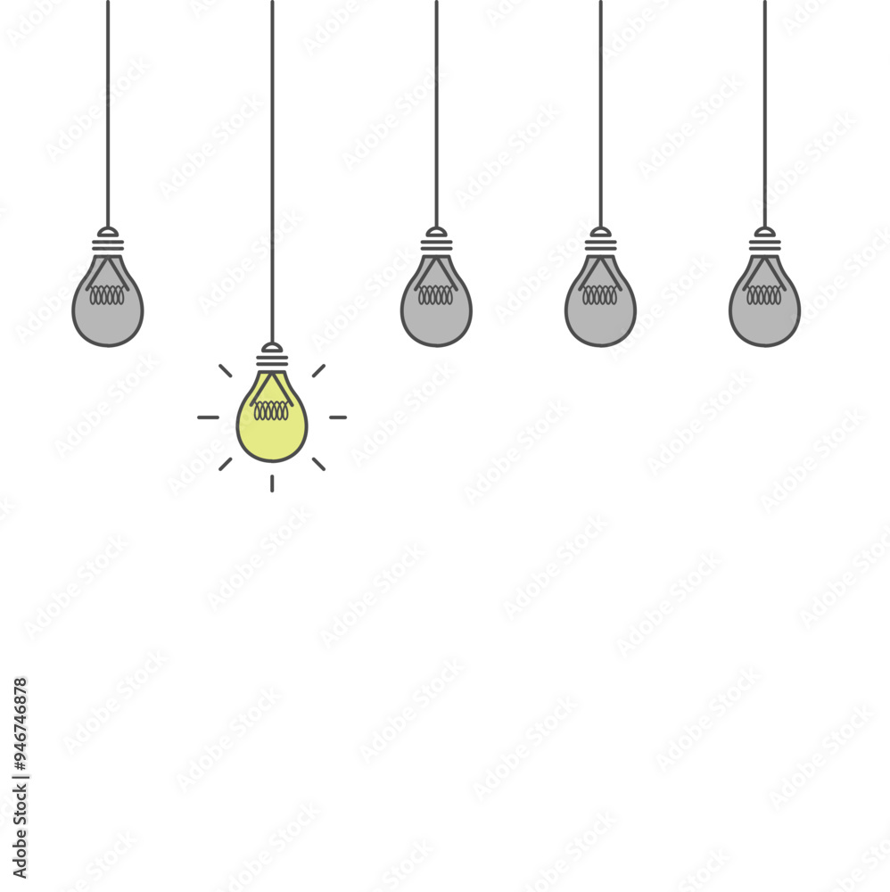 Vector illustration of light bulbs with one burning, an idea that has ...