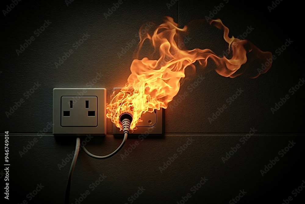 Electric socket catching fire, burning the cord, highlighting dangers ...