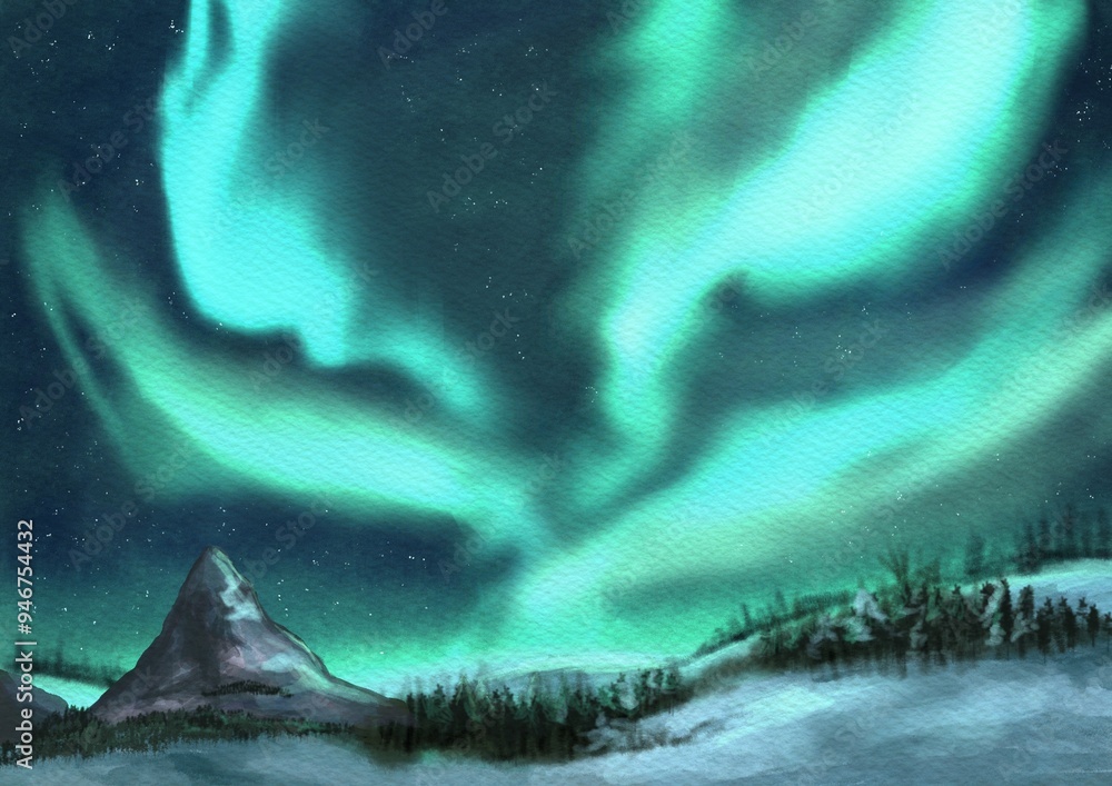 Northern lights. Hand-drawn, watercolor Aurora borealis nature ...