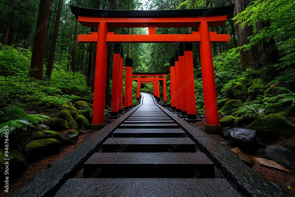 Japanese vermillion torii gates stretching through a peaceful forest ...