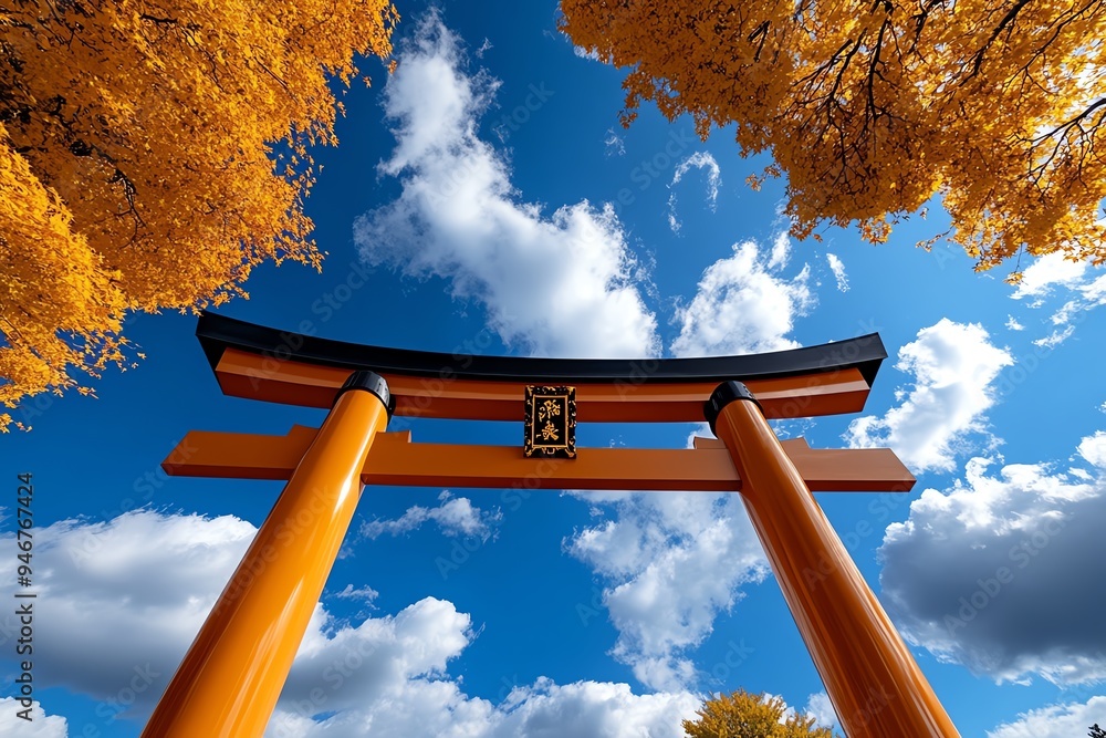 Japanese vermillion torii gates under a sky filled with autumn clouds ...