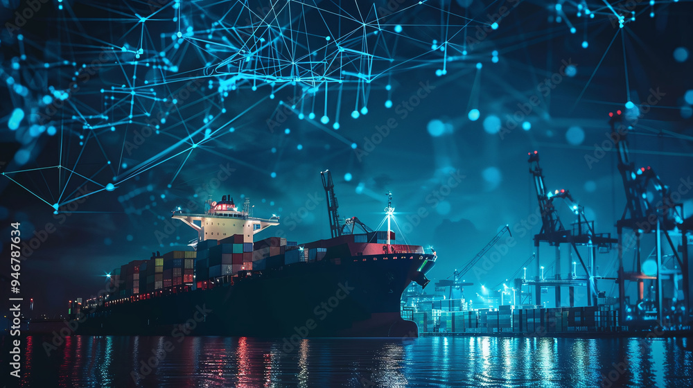 Cargo Ship Docking at Night with Advanced Digital Network Overlay and ...