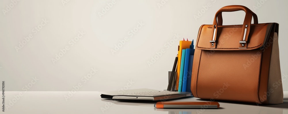 Elegant brown bag placed on a clean desk with stationery and a notebook ...