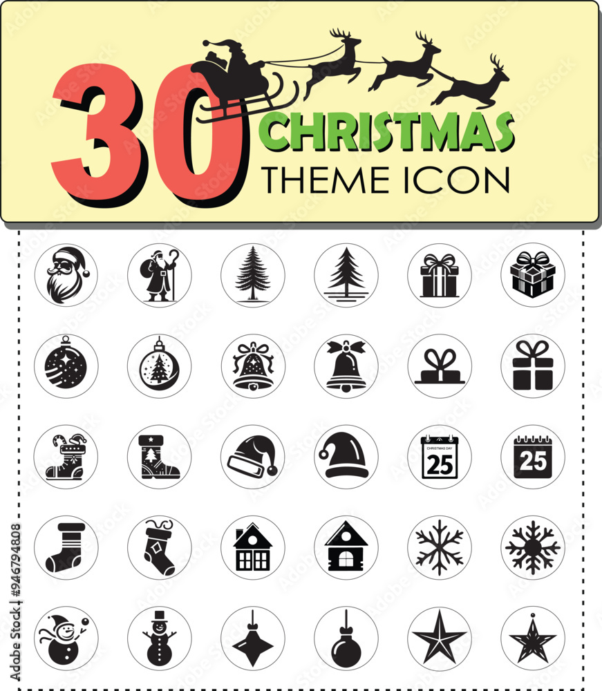 Christmas Icons Collection: Linear, Hand-Drawn Elements Festive ...