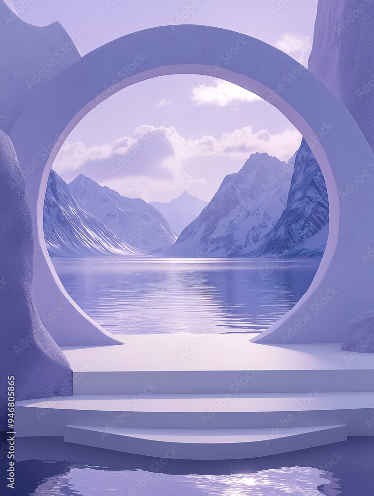 3D render of a white portal gate with a circular shape in the center ...