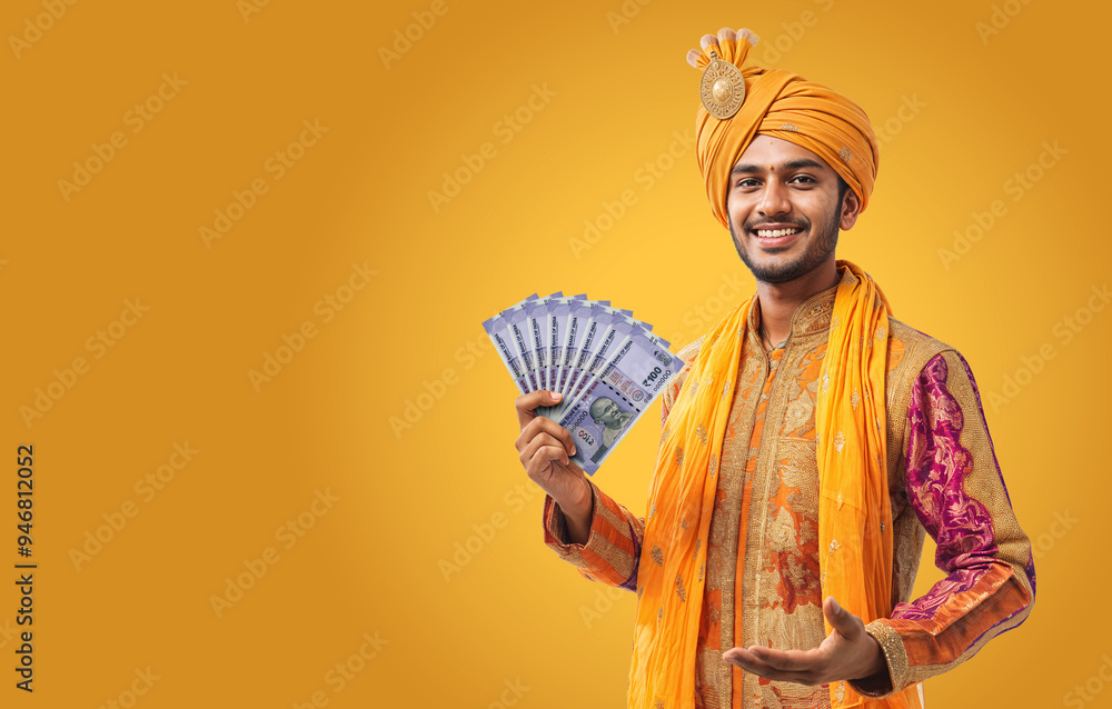 Indian man wearing traditional outfit holding rupee money on his hand ...