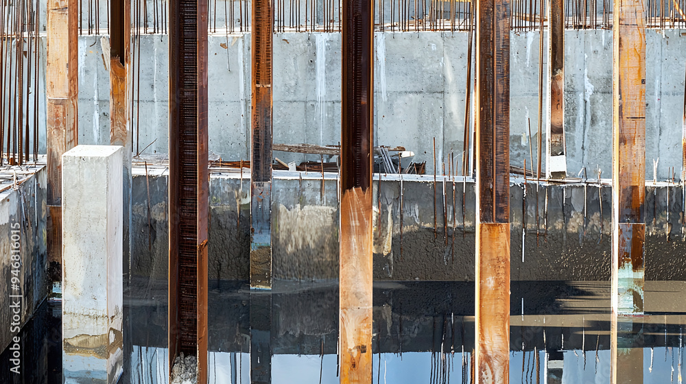 the process of setting up and pouring concrete into rebar-reinforced ...