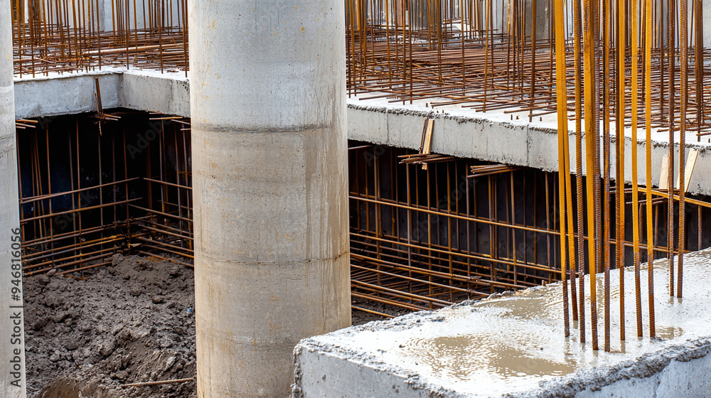 the process of setting up and pouring concrete into rebar-reinforced ...